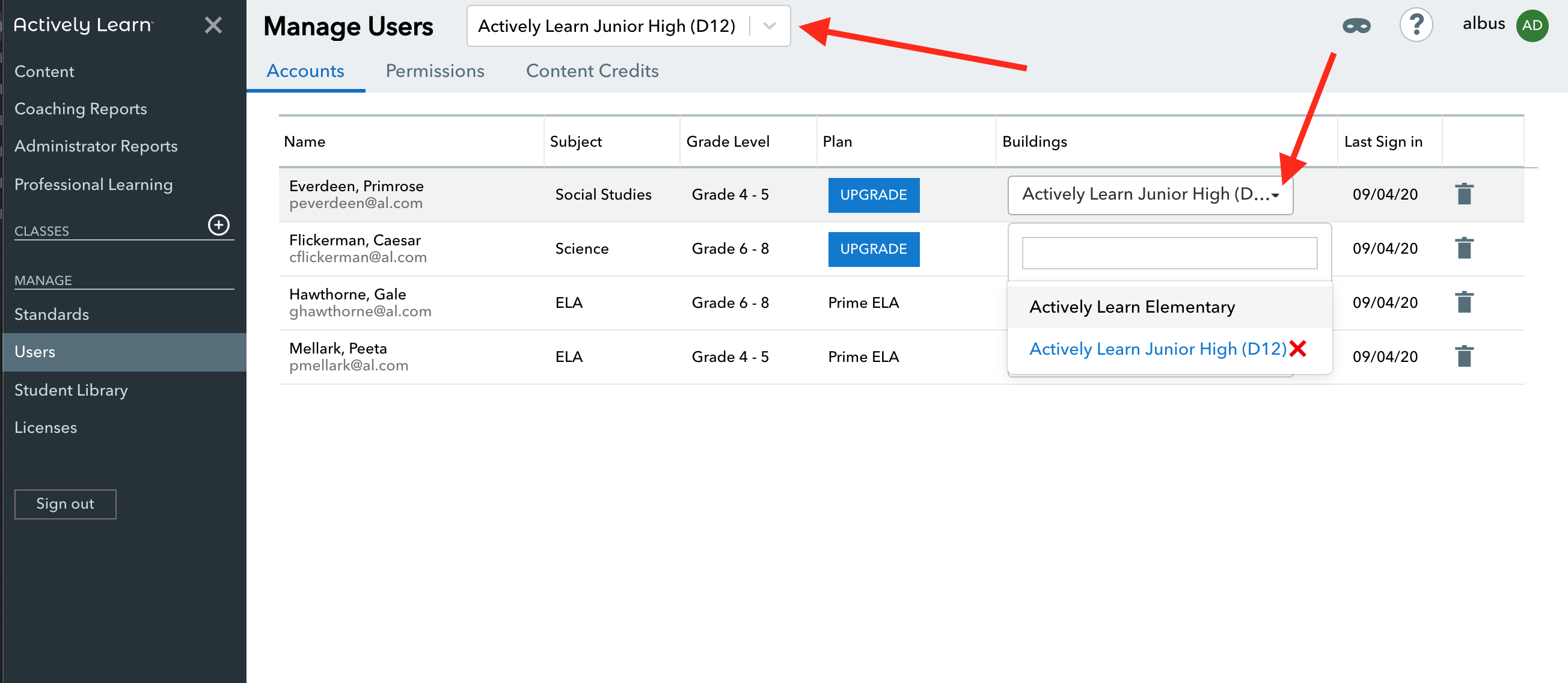 Administrator feature: Accounts – Actively Learn