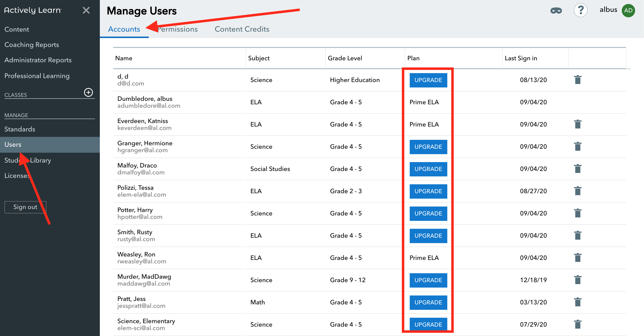 Administrator feature: Accounts – Actively Learn