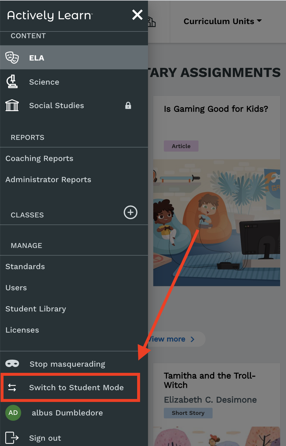 Switch to student mode – Actively Learn